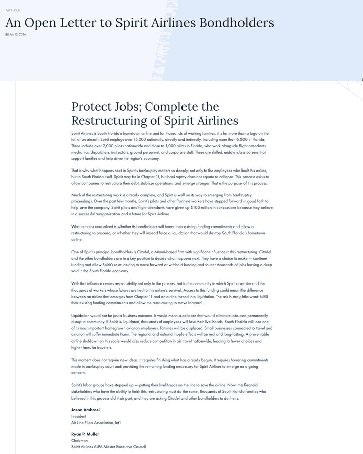 Spirit Airlines Pilots Send Urgent Letter Begging Bondholders to ...